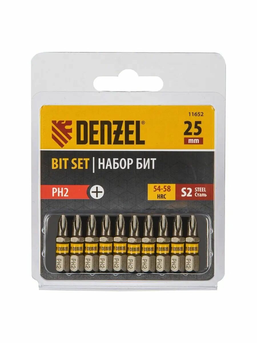 Набор бит PH2х25, сталь S2, шестигранный профиль, 10 шт.// Denzel 11652