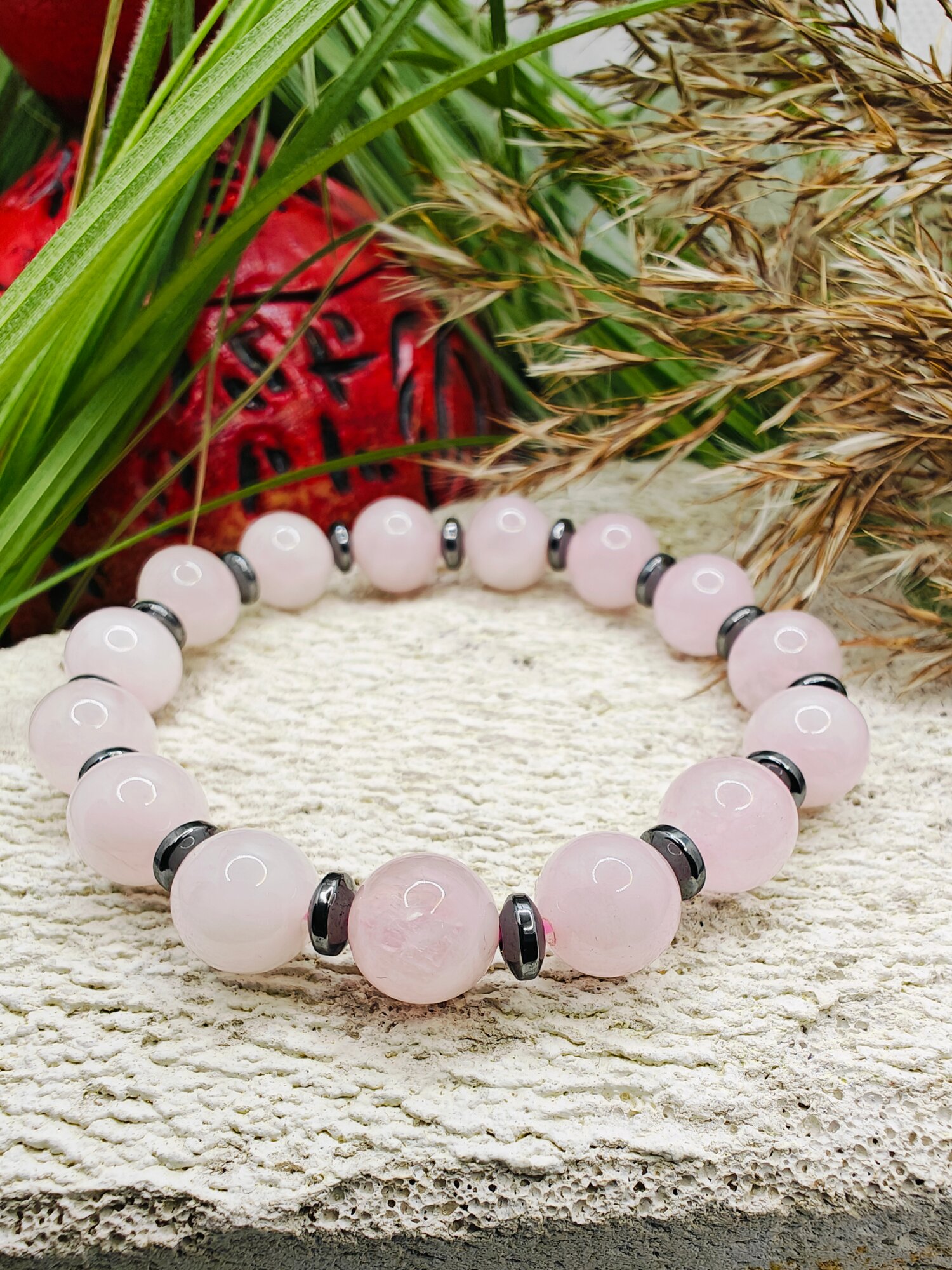 Браслет, кварц розовый, кварц, гематит