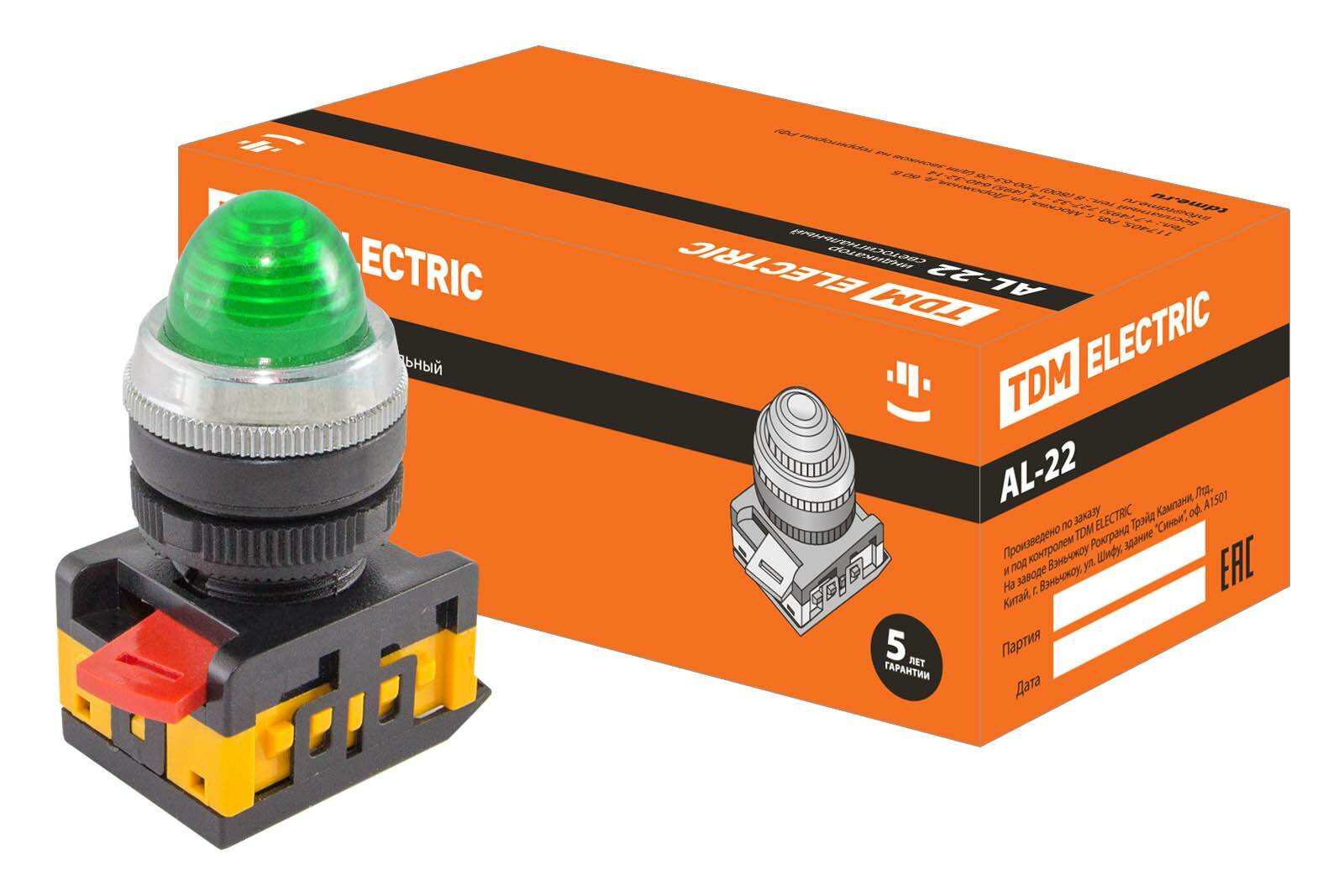 Лампа AL-22 сигнальная d22мм зеленый неон/230В цилиндр TDM SQ0702-0009