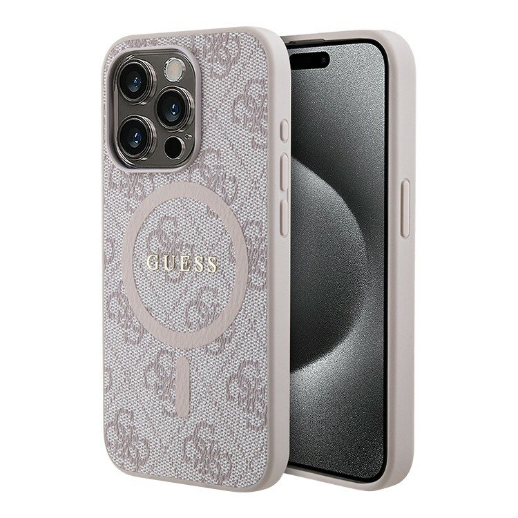Guess чехол для iPhone 13 Pro Max, PU кожа 4G Colored ring Metal logo Pink (MagSafe)
