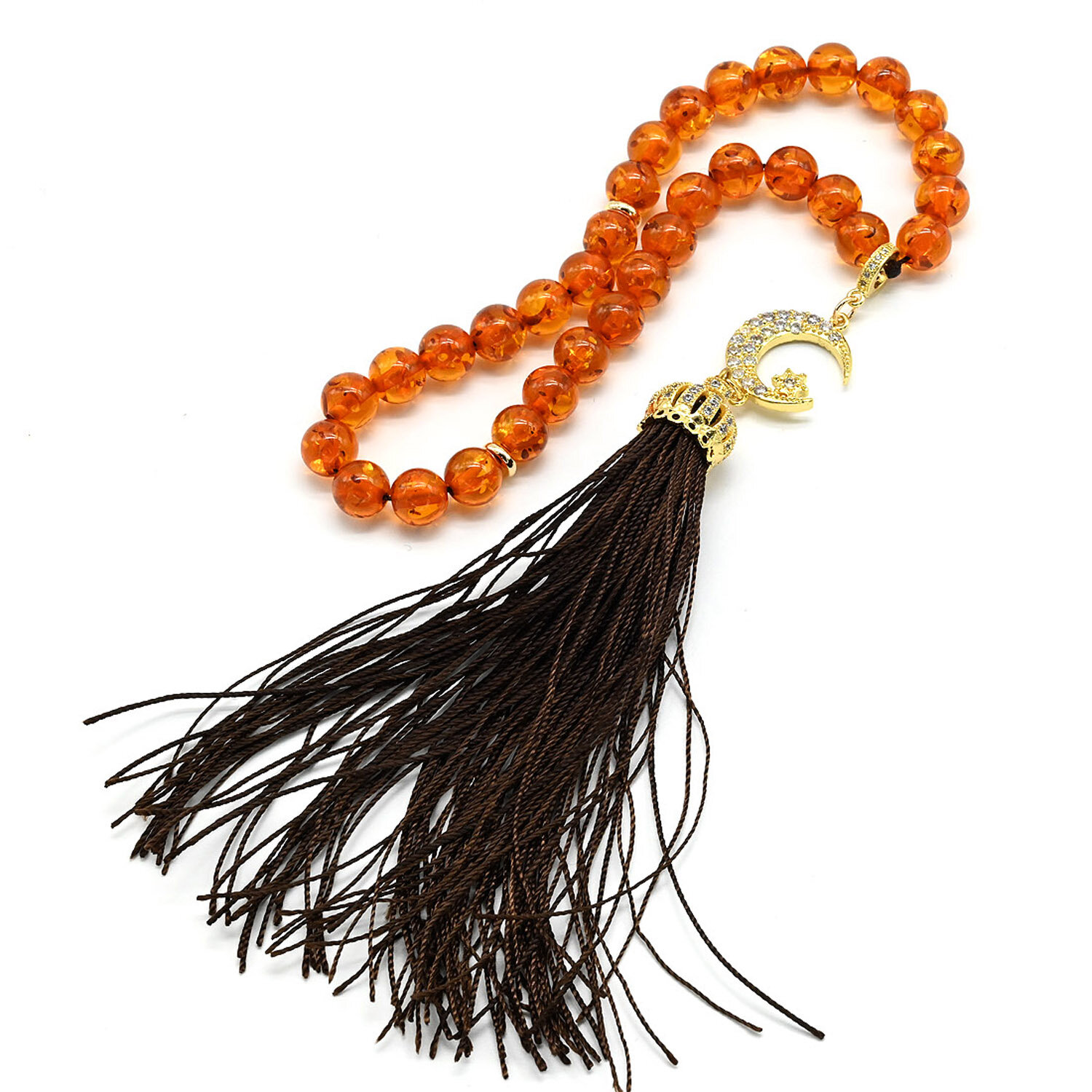 Мусульманские четки "Полумесяц" из янтаря шарик 8мм цв. коньячный, 27см, 33 бусины .