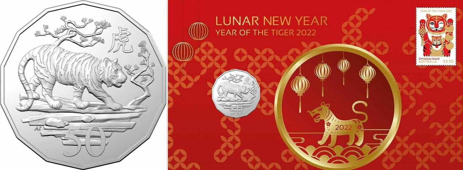 Австралия 50 центов, 2022 Год тигра в конверте с маркой