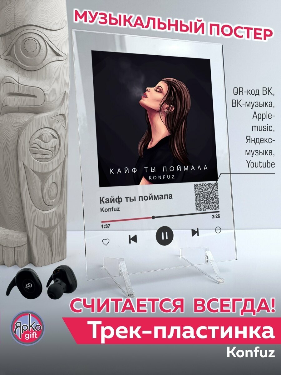 Konfuz - Кайф ты поймала Spotify-постер 14х20 см/ музыкальная трек-пластинка/ постеры картины для интерьера на стекле/спотифай сувенир подарок