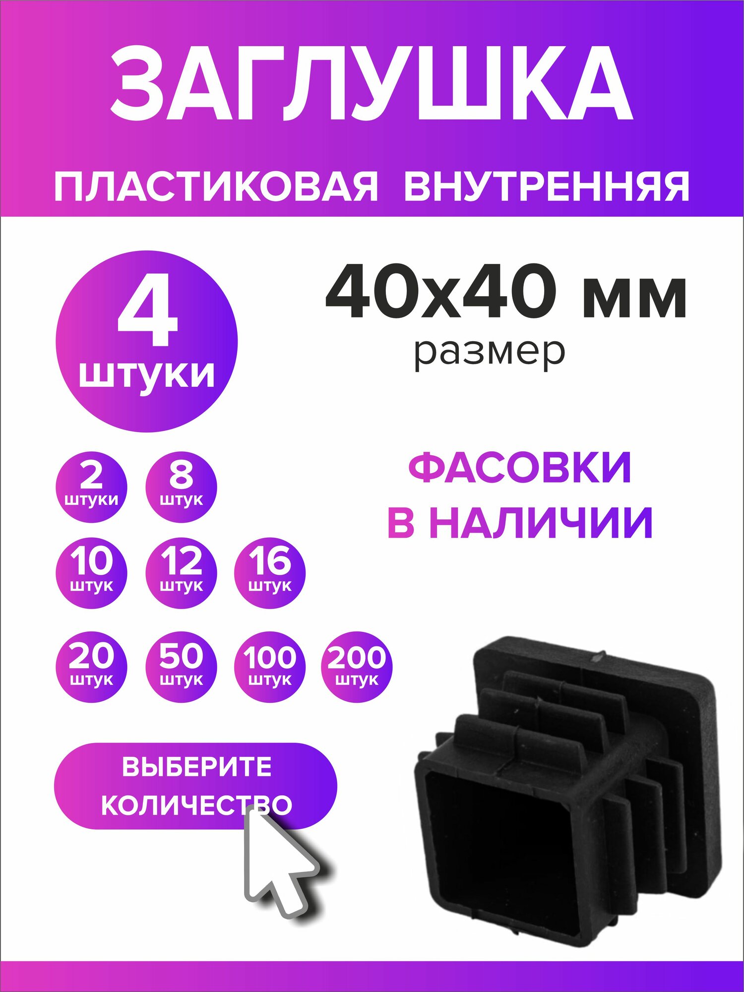 Заглушка для профильной трубы 40х40 мм, пластиковая, черная, 4 штуки