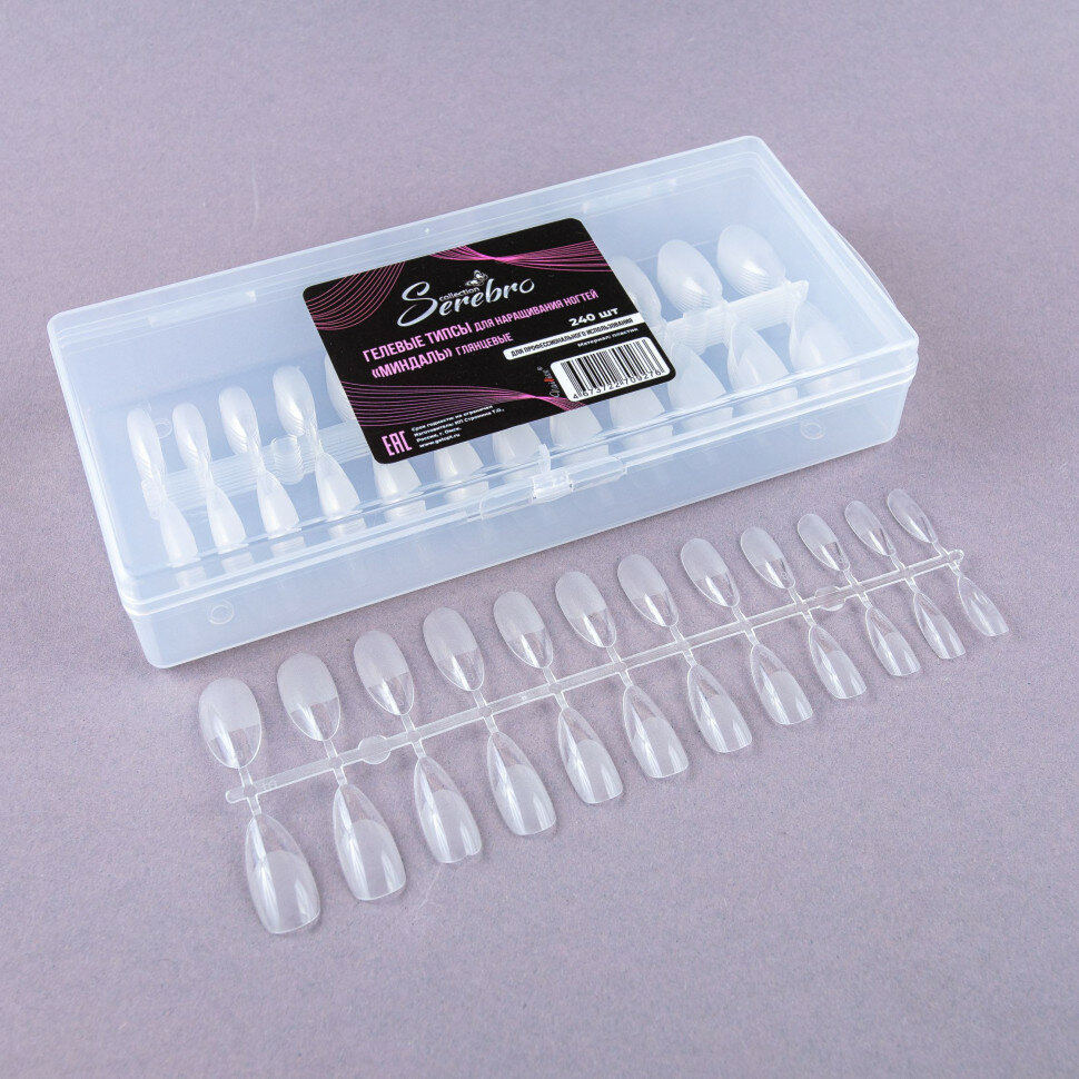 Гелевые типсы Serebro, форма Миндаль, прозрачные, глянцевые 240 шт.