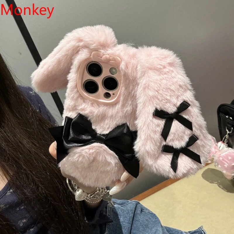 Милый бант с пушистыми волосатыми кроличьими ушками, куклы, чехлы для телефонов с животными для iPhone 17, 16, 15 Plus, 14, 13, 12, 11 Pro Max, мягкий теплый плюшевый меховой чехол For iPhone 16Pro Max