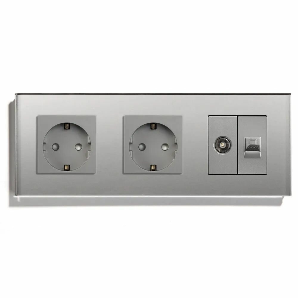 Розетка интернет RJ-45 и ТВ MVAVA серая, CAT5e/TV, 3 поста, стеклянная рамка