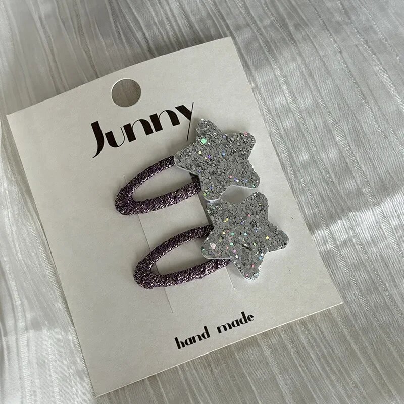 1 пара серебряных заколок для волос из искусственной кожи, головные уборы, милые блестящие заколки в форме сердца, аксессуары для волос со звездами, украшение для волос, подарок для девочек