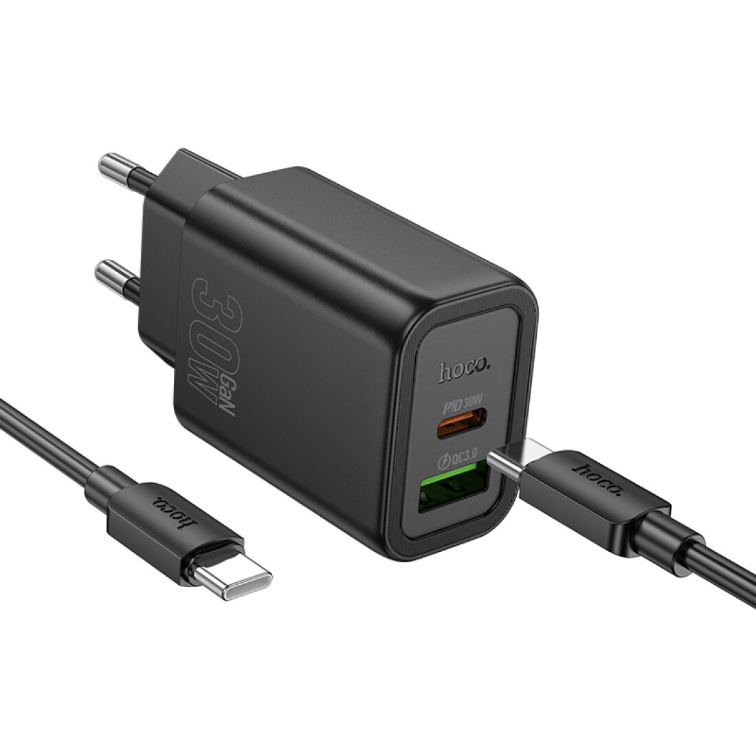Сетевое зарядное устройство, 1 PD 30W + 1 USB 3.0 QC (N63), HOCO, Type-C to Type-C, черный