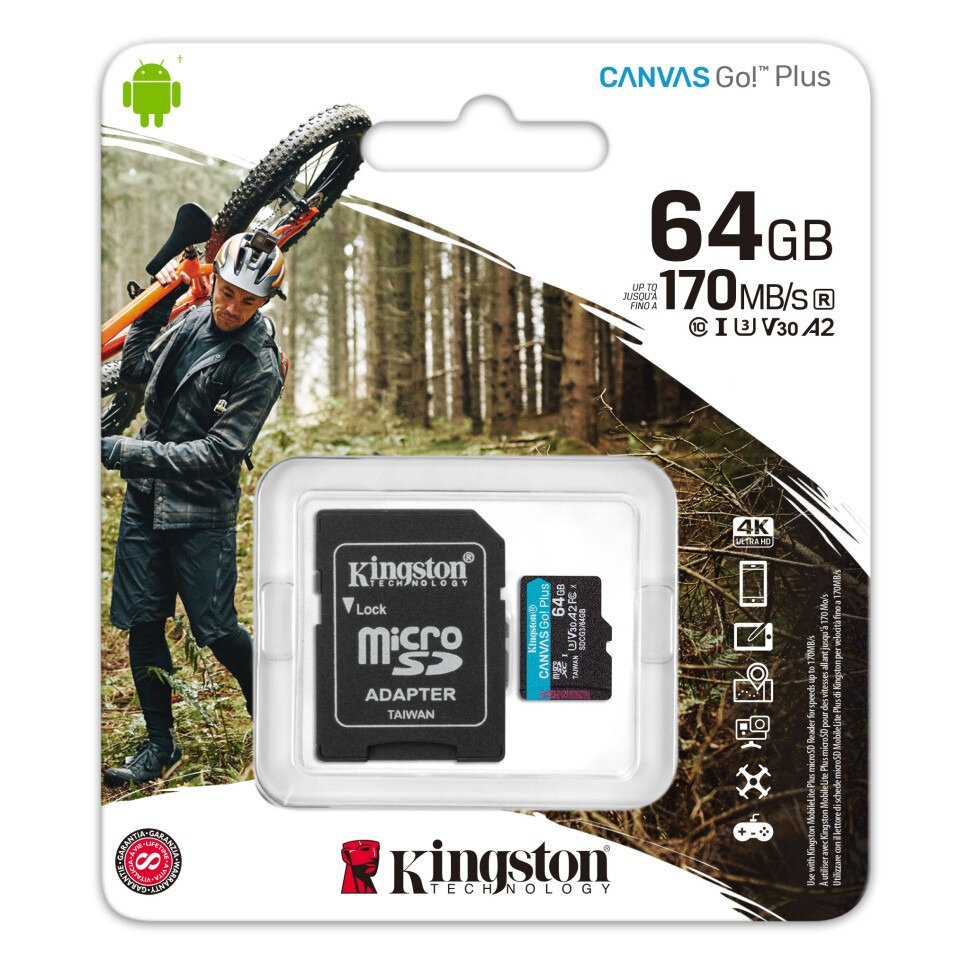 Карта памяти MicroSD 64GB - Class10, Kingston Canvas Select Go Plus (170/ 70 Mb/s) , адаптер