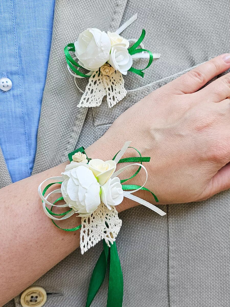 Набор: бутоньерка и браслет для жениха и невесты на руку и пиджак, комплект для свидетелей и гостей на свадьбу¶