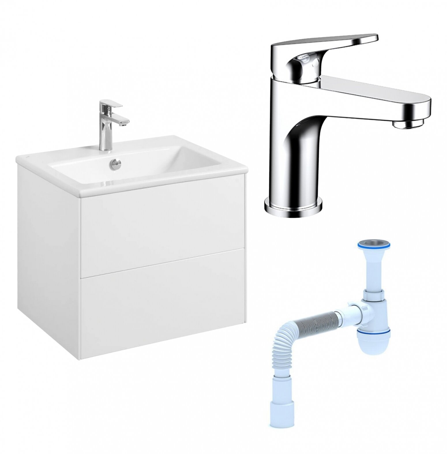Комплект: Тумба с раковиной Акватон Сохо 60 белая + Смеситель Bravat Eler F1191238CP-RUS хром + Сифон АниПласт 492403+F1191238CP-RUS+C2015xrv
