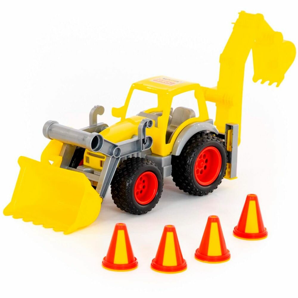Трактор-экскаватор "КонсТрак" с ковшом и 4 конусами, детская машинка для мальчика, пластиковая машинка-игрушка для сюжетно-ролевых игр, в сетке
