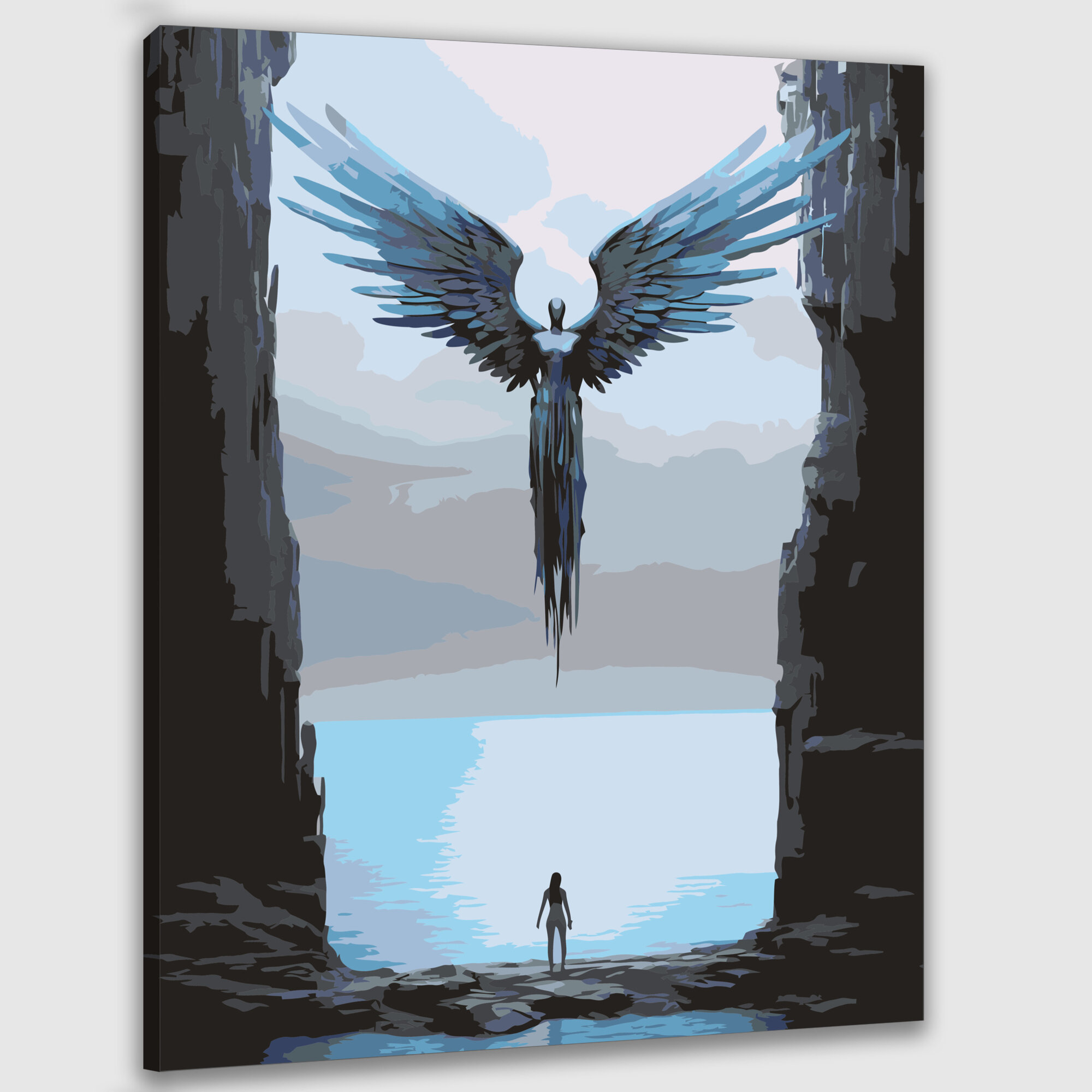 Картина по номерам 40x50 см, скulptura, ангел, крылья, голубые, мерцающие, утес, океан, надежда, защита, невзгоды