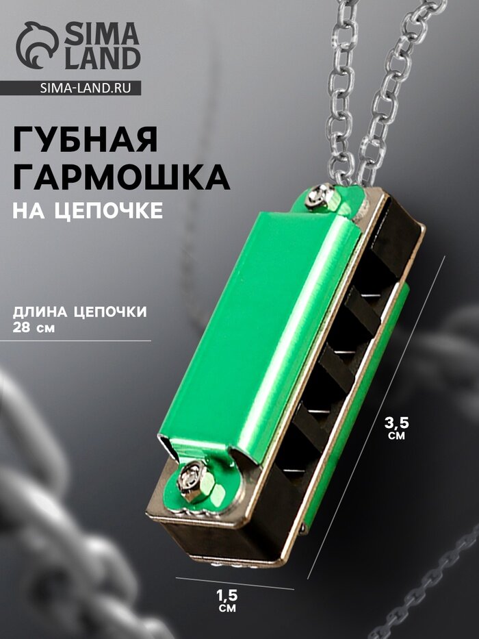 Губная гармошка Music Life 4 отверстия, 8 тонов, 3.5×1.5×1 см, цепь 28 см, зеленая, 2 шт.