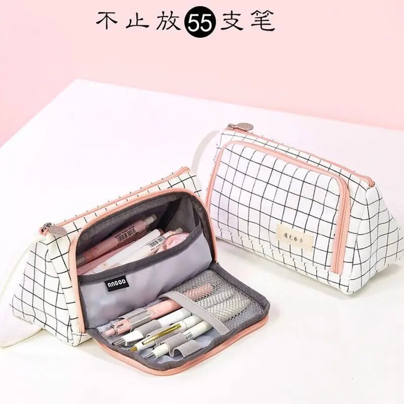 Школьная ручка, сумка-карандаш, стационарная сумка для хранения ручек, многослойная большая вместительная косметическая дорожная сумка для хранения, простая клетчатая сумка, Black White