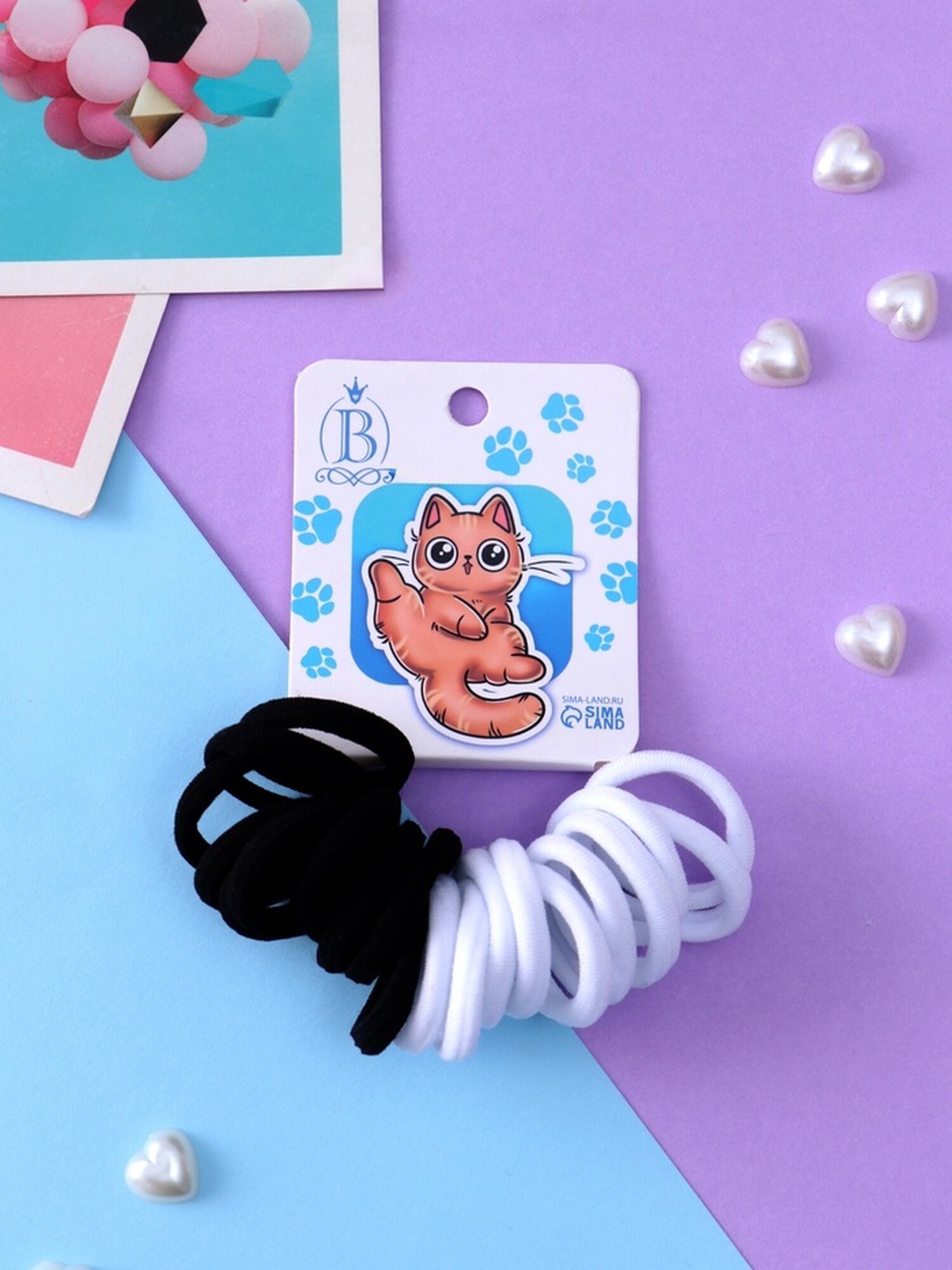 Резинка для волос «Кисонька», набор 20 шт, лапка, 2.5 см, чёрная, белая