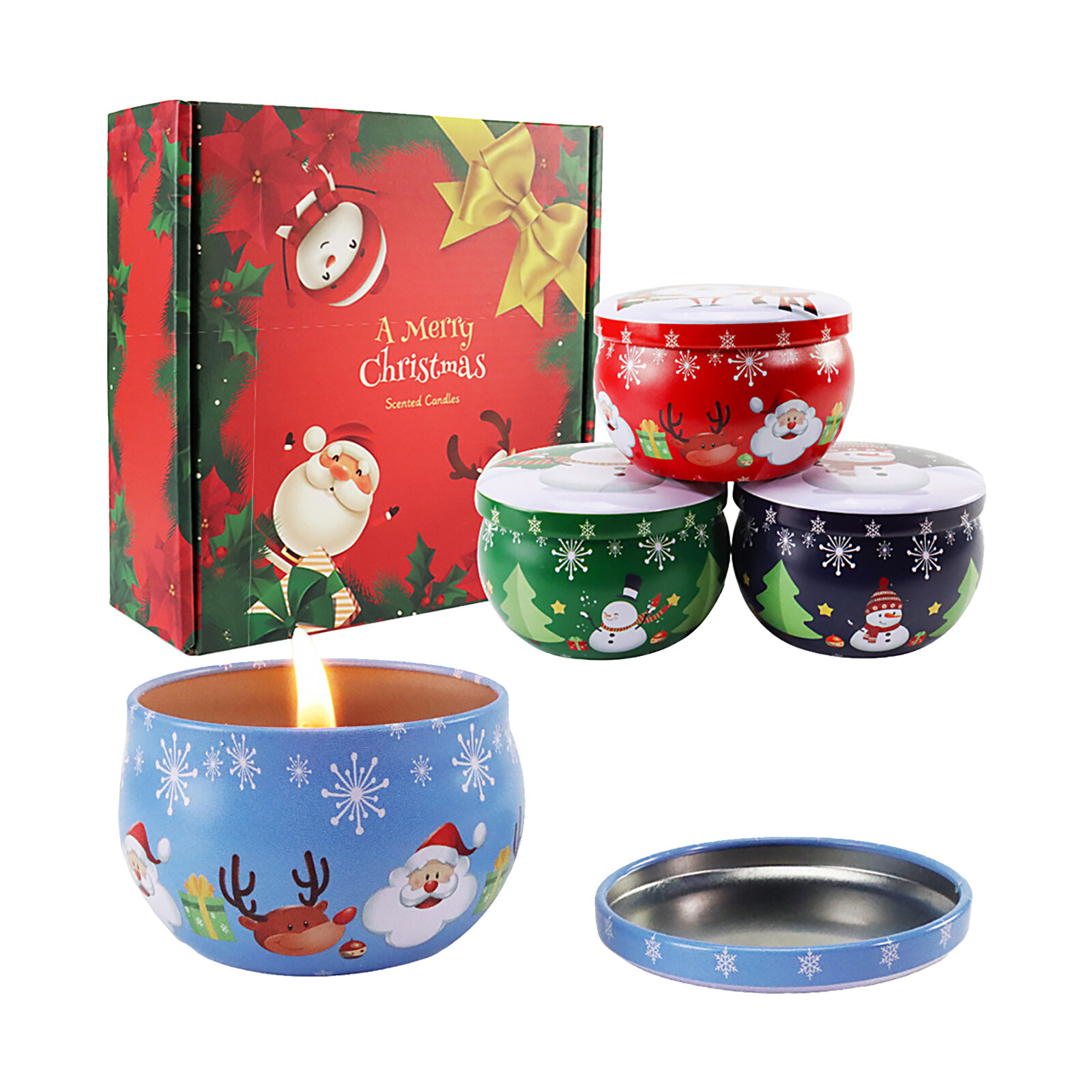 4PCS Свечи Бездымные Рождественские с Подарочным Ящиком с Ароматами Роза, Лаванда, Апельсин, Ваниль, Ароматизированные Свечи, Свечи для Декора вечеринок, свадеб, спа, Размер 5*8см, Объем 125г/шт, Время горения 35ч/шт, Материал Соевый воск, Для Рождества,