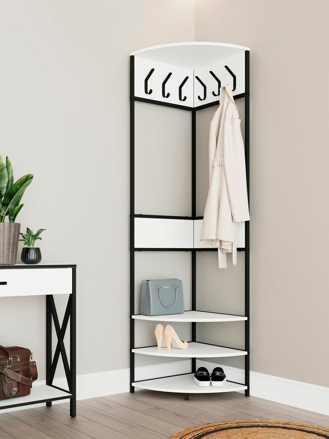 Прихожая угловая, вешалка напольная Лофт 50х202 см, Белый/черный