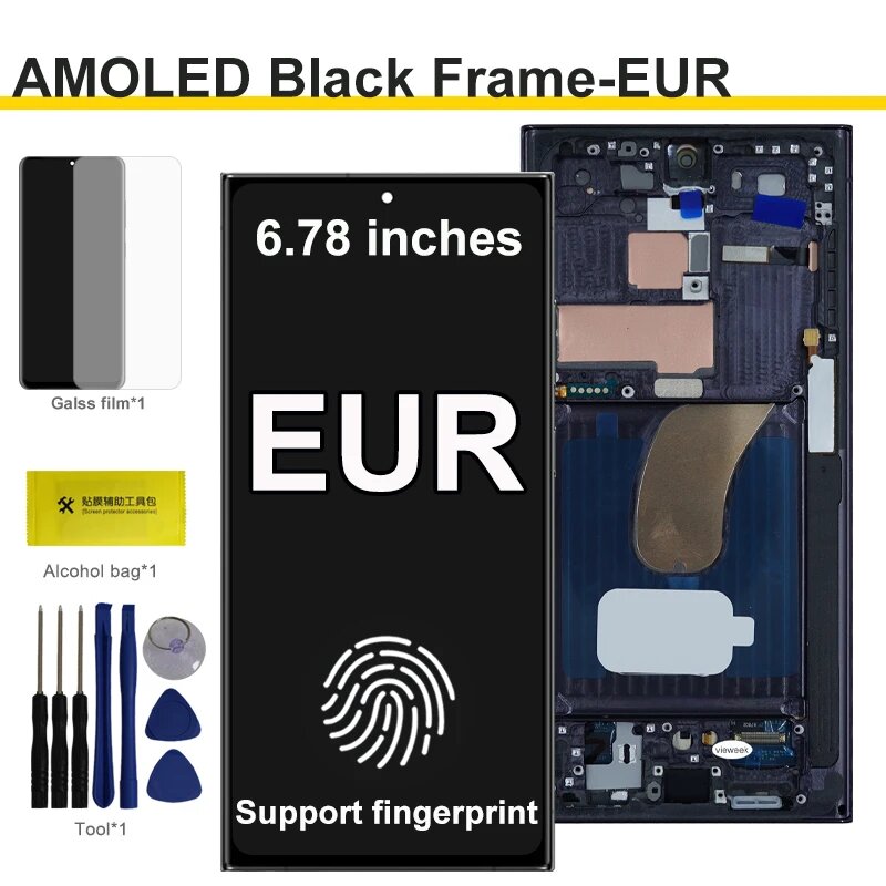 AMOLED для Samsung Galaxy S23 Ultra S918B S918U S918N ЖК-дисплей с цифровым преобразователем сенсорного экрана и рамкой для Samsung S23Ultra EUR Black Frame