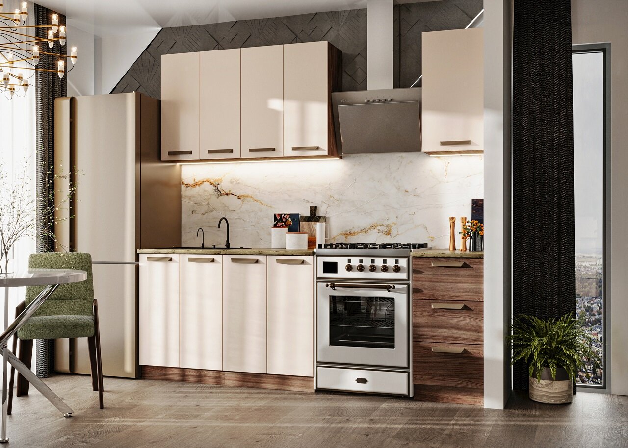 Кухонный гарнитур "Ника" 1,6 м, Зарон, готовый комплект , цвет: Ясень шимо темный / Кашемир / Дуб кера, со столешницей