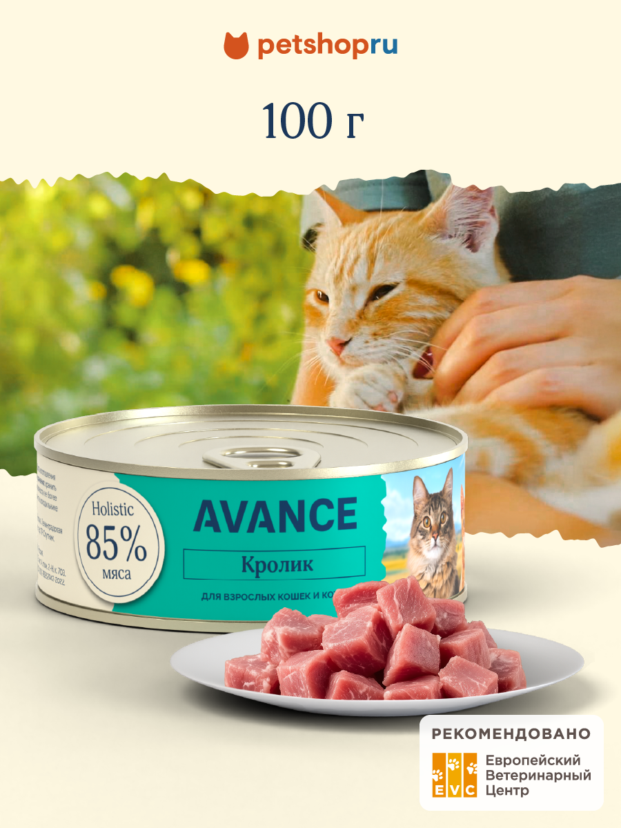 AVANCE холистик Консервы для кошек и котят с кроликом, Rabbit, 100 г, Влажный корм