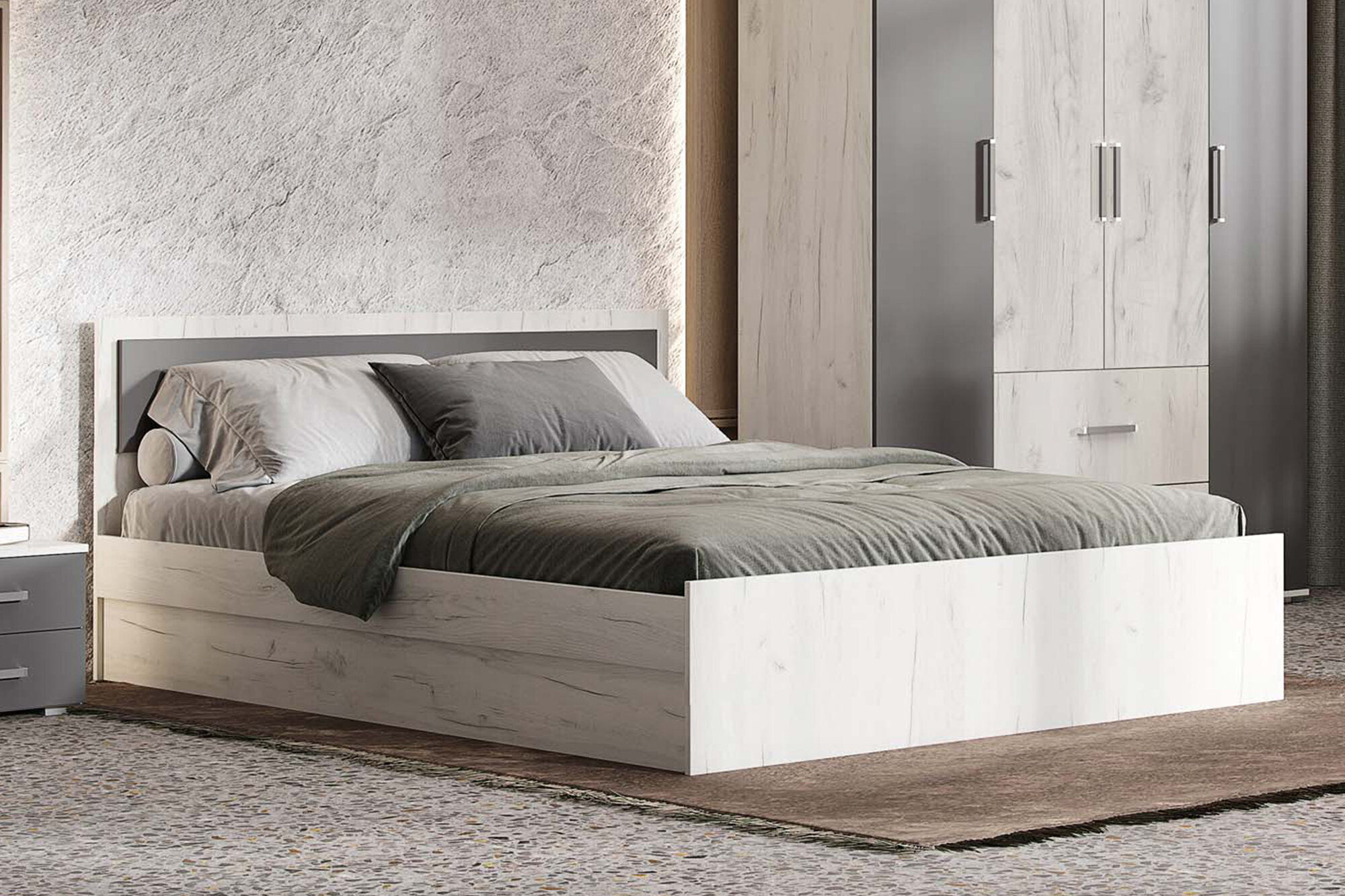 Кровать двуспальная Нонтон Фиеста New, 140x200 см, настил, дуб крафт белый / графит