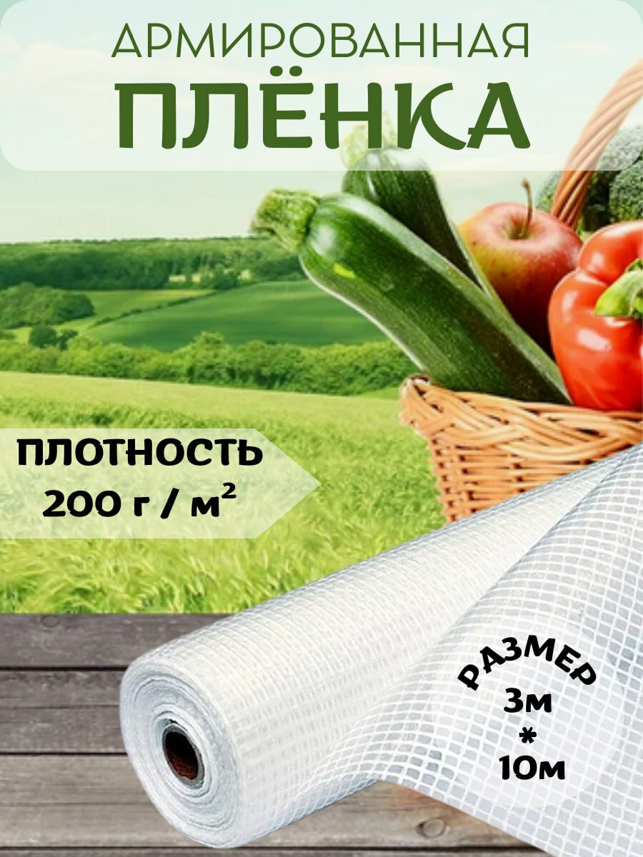Армированная плёнка, плотность 200г/м2, прозрачная, размер 3x10м