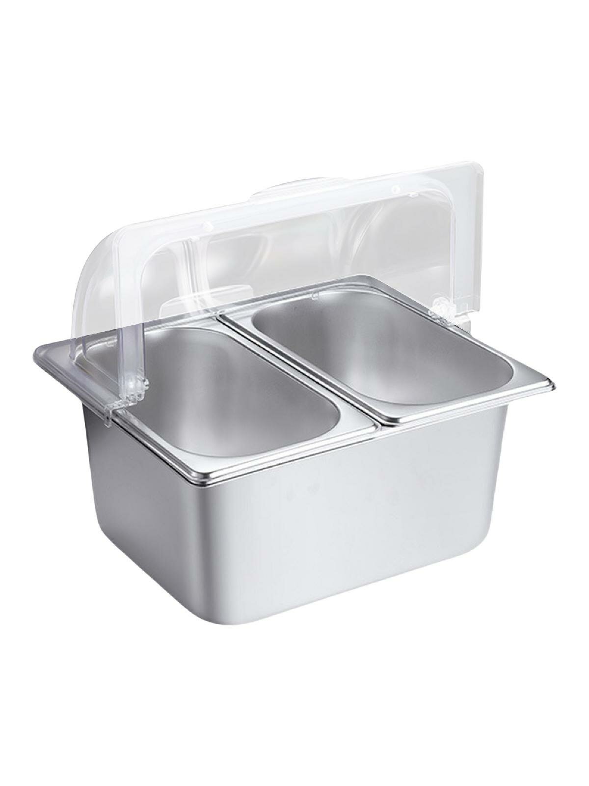 Поднос для шведского стола из нержавеющей стали с 2 отделениями и прозрачной крышкой-ролл-топом для ресторана, диспенсер для приправ, поддон для демонстрации еды