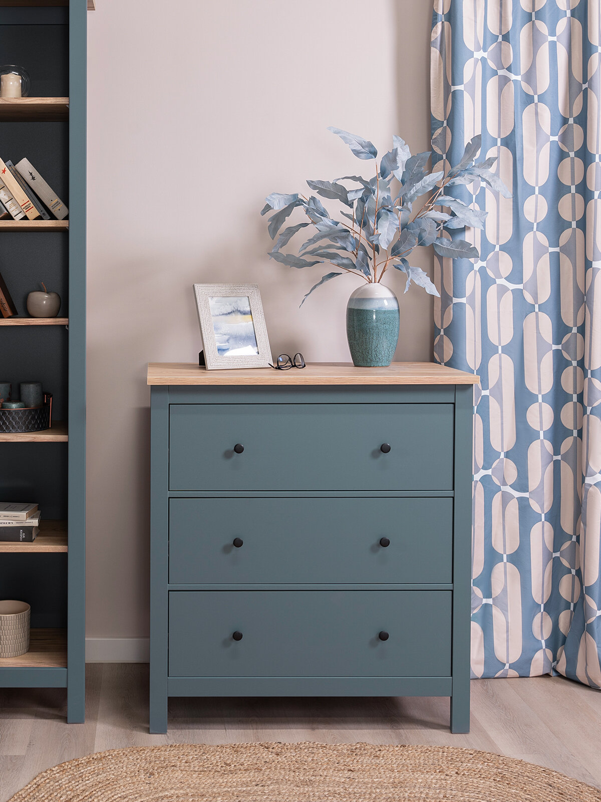 Комод для одежды с ящиками, 92х51х100 см, шариковые направляющие с доводчиком, темно-бирюзовый/ясень Гуд Лакк Сага