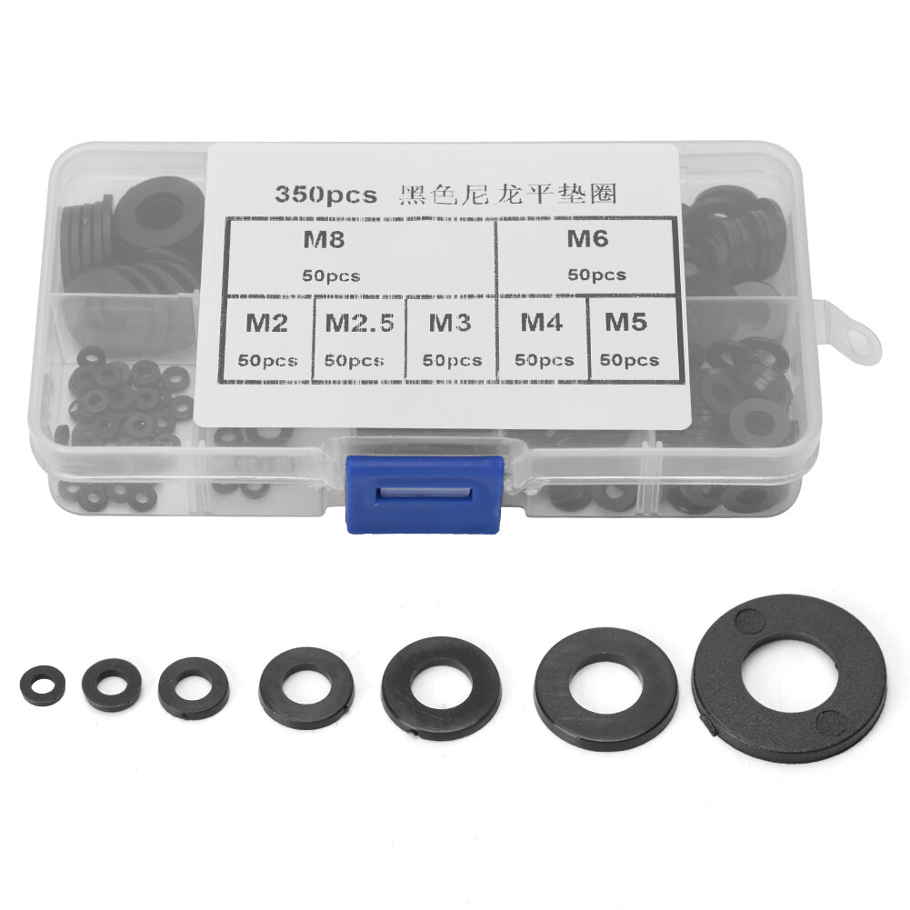 Комплект из 350 черных нейлоновых пластиковых шайб и плоских прокладок M2/M2.5/M3/M4/M5/M6/M8