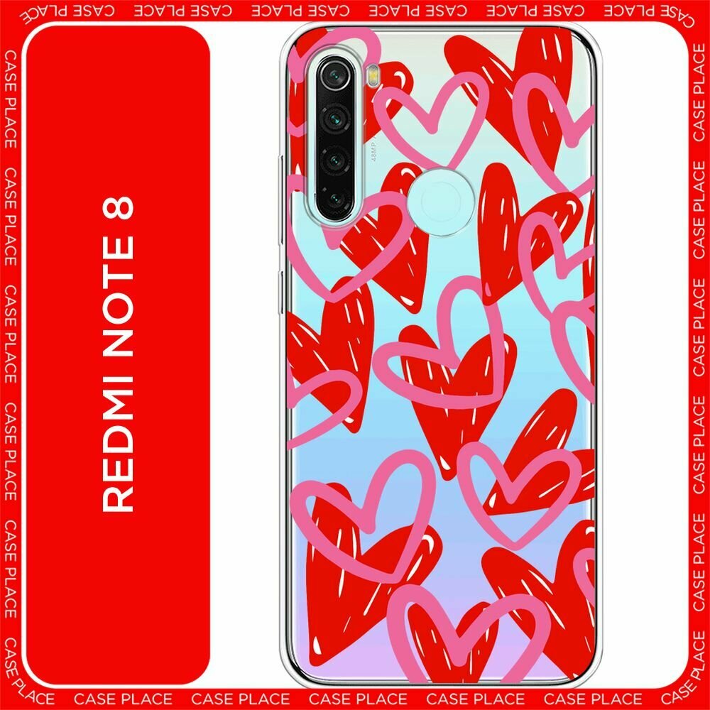 Чехол на Xiaomi Redmi Note 8 / Сяоми Редми Нот 8 с принтом "Hearts doodles - 14 февраля", прозрачный