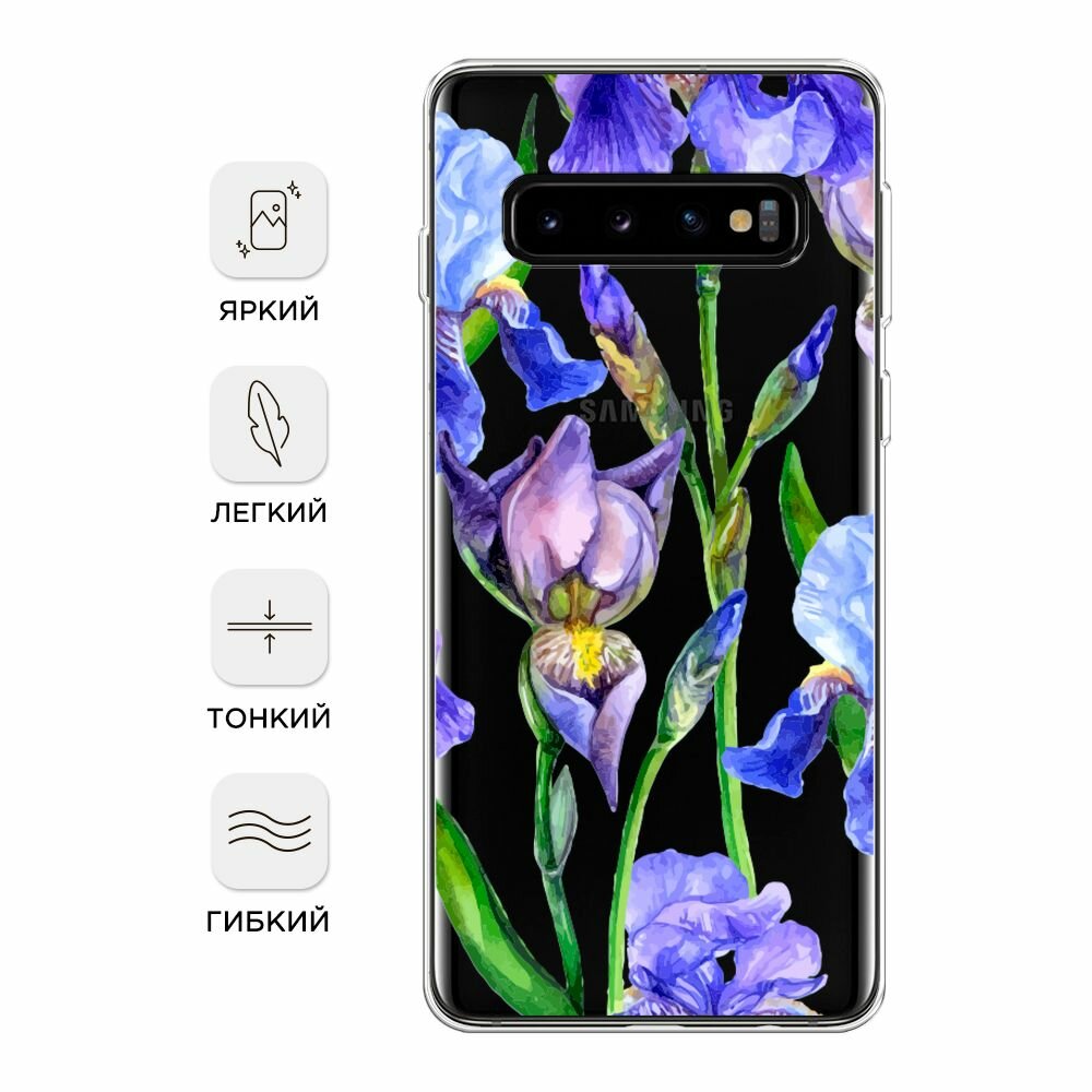 Чехол на Samsung Galaxy S10 + / Самсунг Галакси S10 Плюс с принтом "Синие ирисы", прозрачный — фото 1