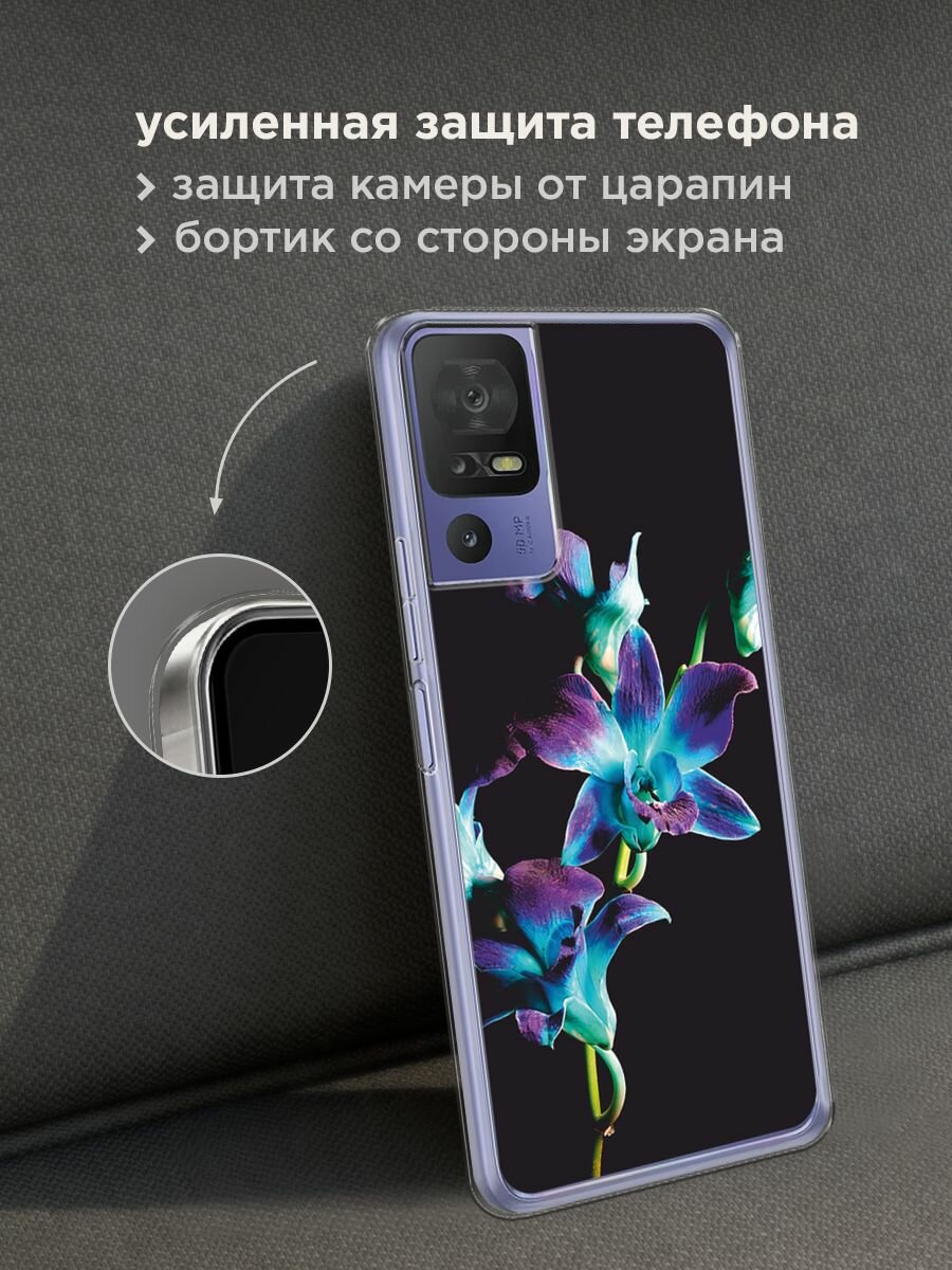 Чехол на TCL 40 SE / ТСЛ 40 SE с принтом "Синий цветок на черном" — фото 1