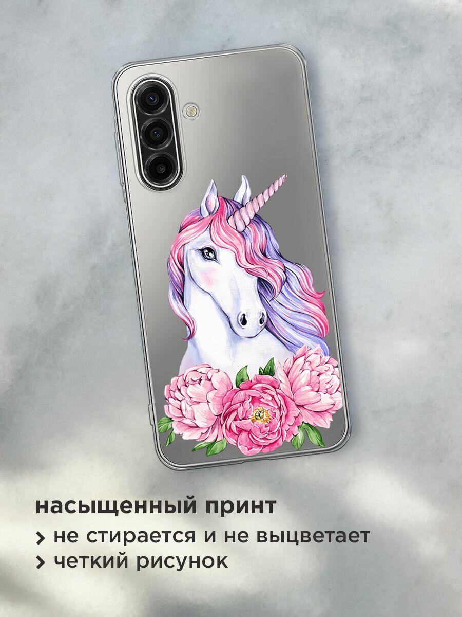 Чехол на Samsung Galaxy A17 / Самсунг А17 с принтом "Единорог с пионами", прозрачный — фото 1