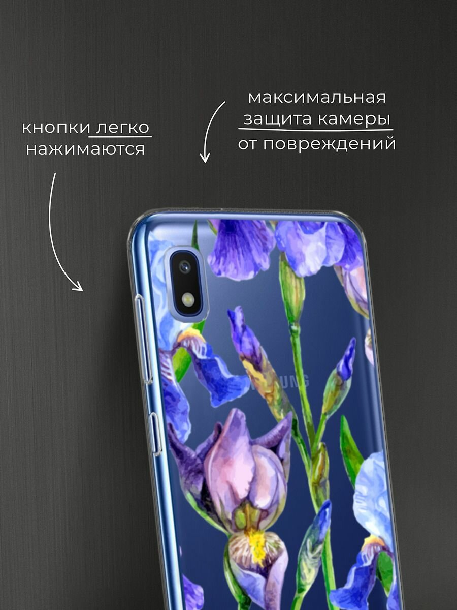 Чехол на Samsung Galaxy A10 / Самсунг Галакси А10 с принтом "Синие ирисы", прозрачный — фото 1