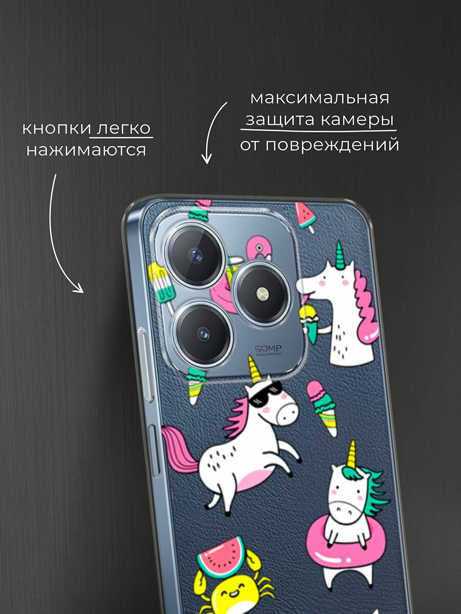 Чехол на Realme C63 / Реалми С63 с принтом "Единороги в отпуске", прозрачный — фото 1