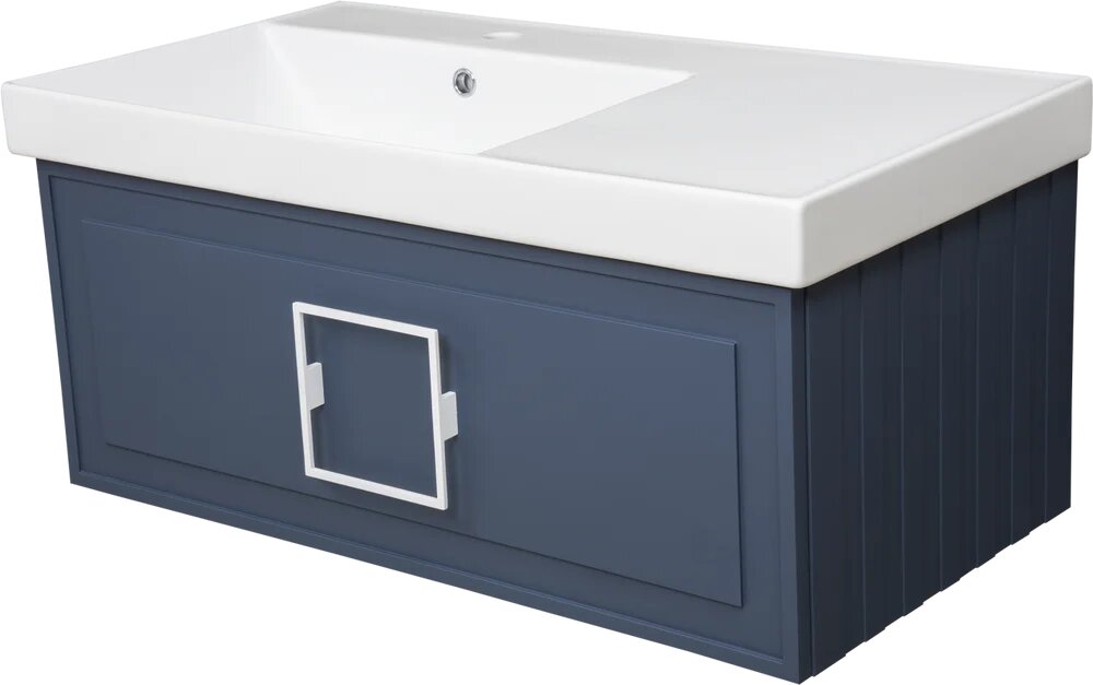 Тумба с раковиной La Fenice Cubo 90 L подвесная, 90, 5 см, синяя, матовая, из МДФ, с ящиками, раковина для ванной, фаянсовая, прямоугольная, встроенный слив-перелив