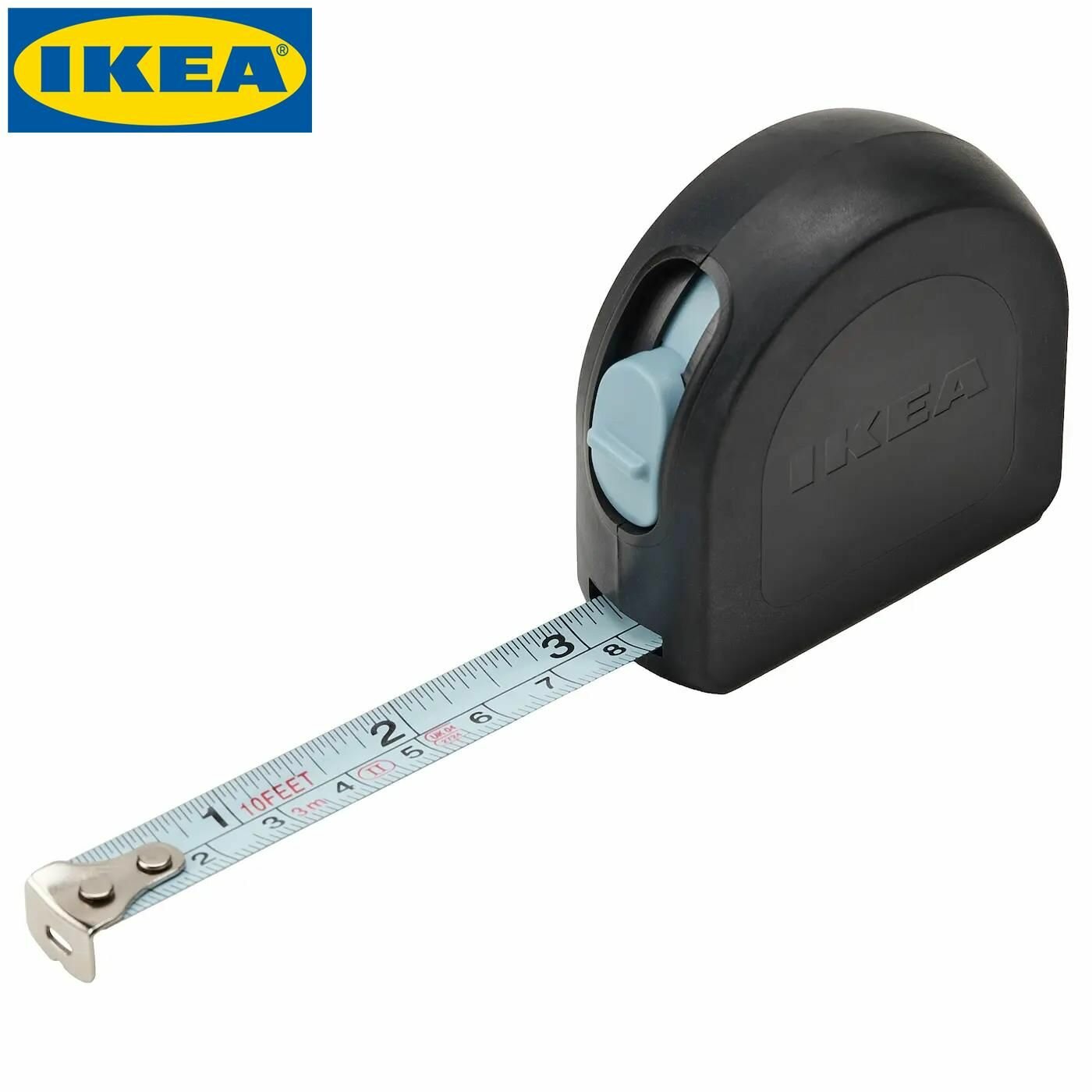 Рулетка IKEA TRIXIG 3 м с автоматическим возвратом, черная, для домашних измерений, компактная металлическая лента в миллиметрах и дюймах, удобный крючок и блокировка
