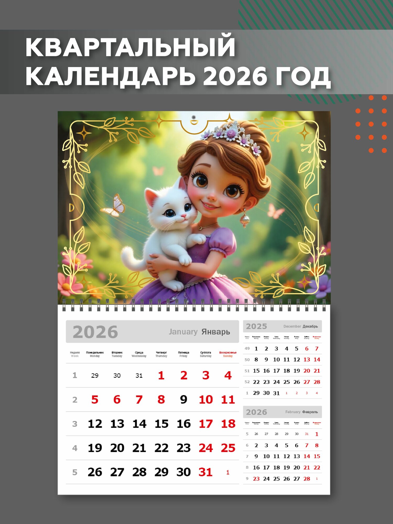Календарь 3в1 настенный "Принцесса с котенком" 2026 год