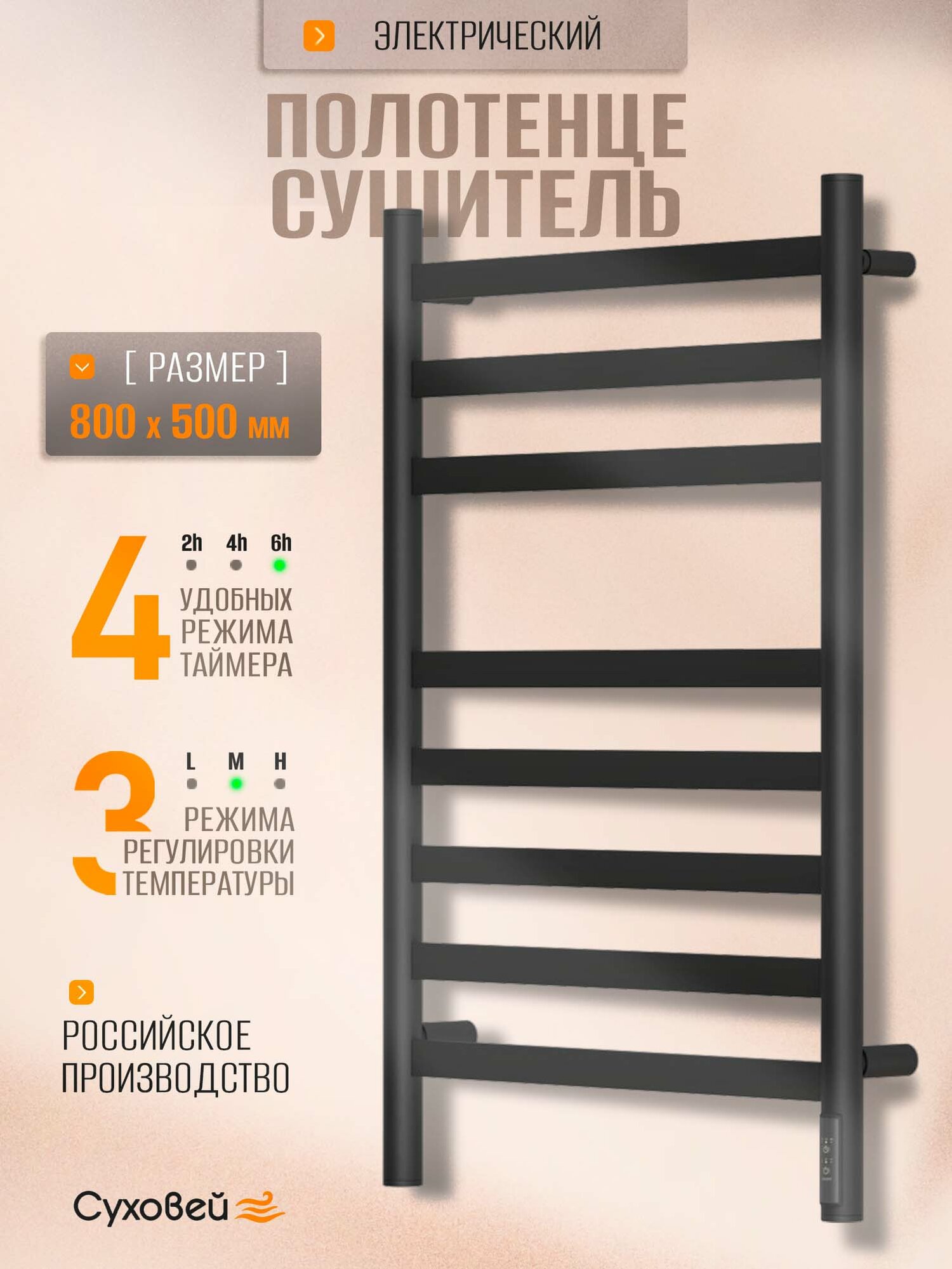 Полотенцесушитель электрический Суховей Соната SSF85001BM 80x50 см, черный матовый / Сушилка для полотенец в ванную, лесенка с терморегулятором