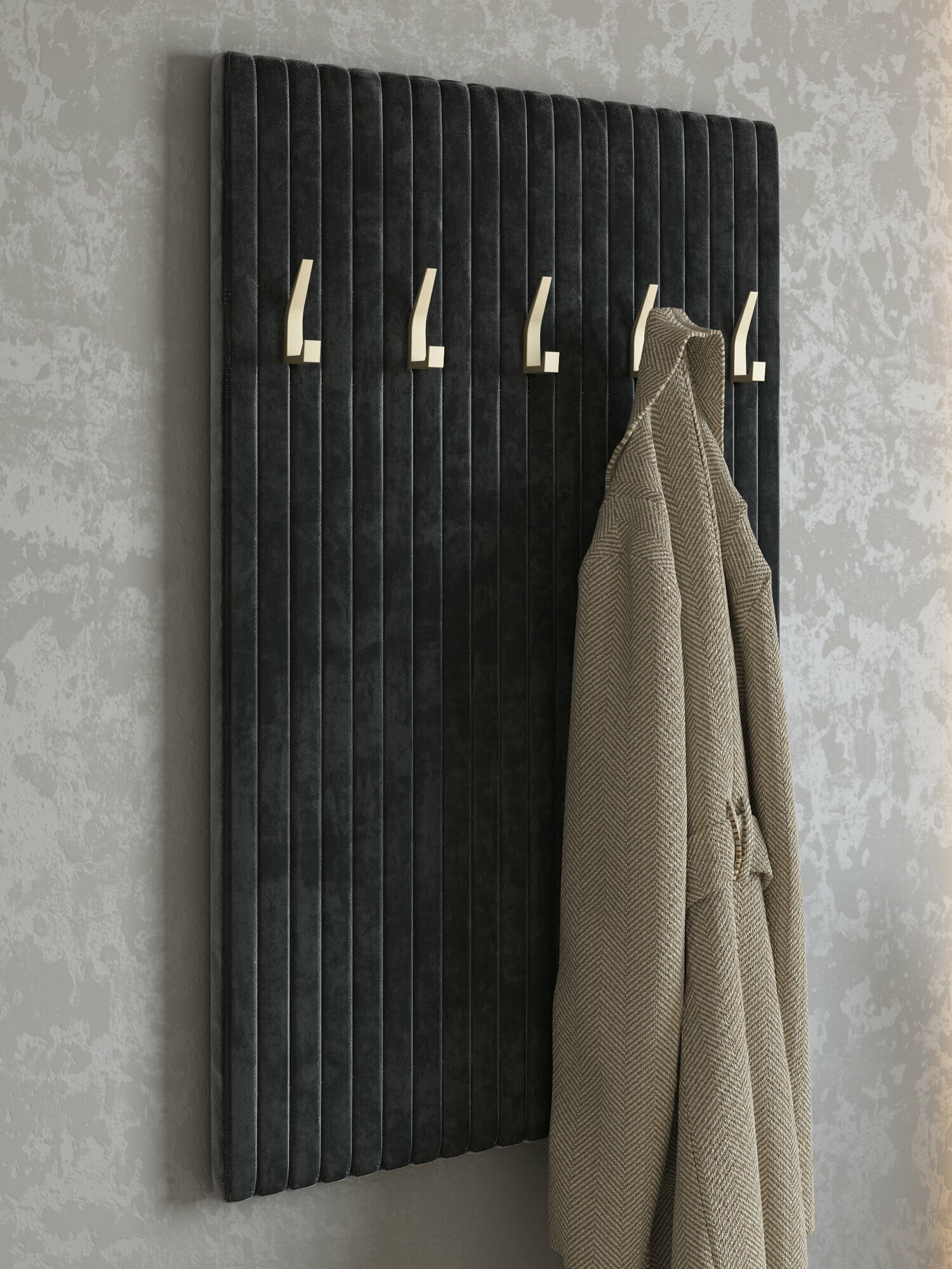 Вешалка настенная мягкая в прихожую из велюра Рич 4.1 Черный краш/золото из велюра, с золотыми крючками