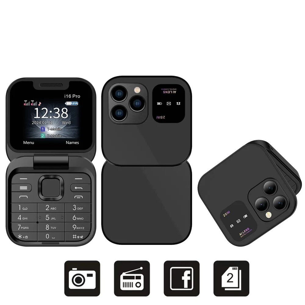 SERVO i16PRO 2G GSM Dual SIM Flip Mini Mobile Phone Auto Call Record Speed Dial Magic Voice FM Radio Small Fold Telephone Type-C