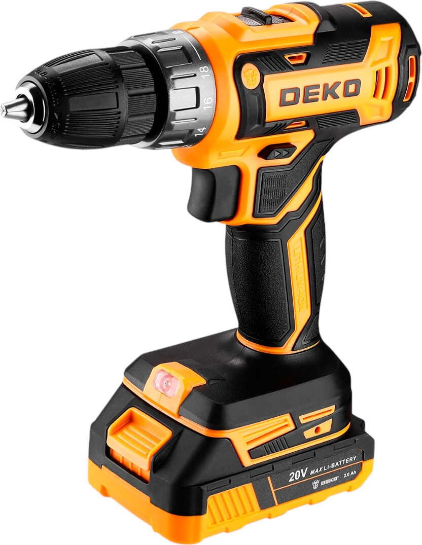 Безударная аккумуляторная дрель-шуруповерт Deco DKCD20FU-Li черно-оранжевый