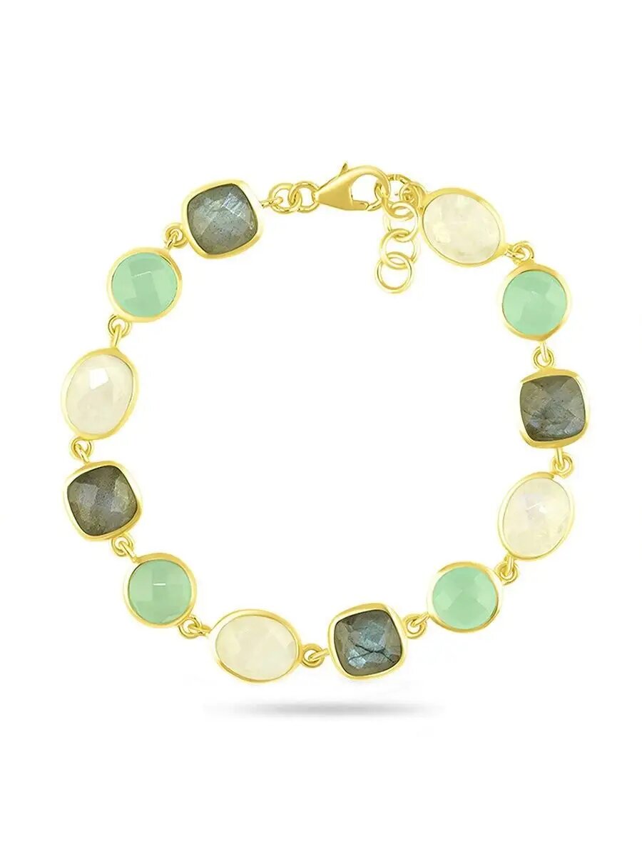 Браслет, серебро, 925 проба, золочение, лабрадорит, лунный камень, оникс