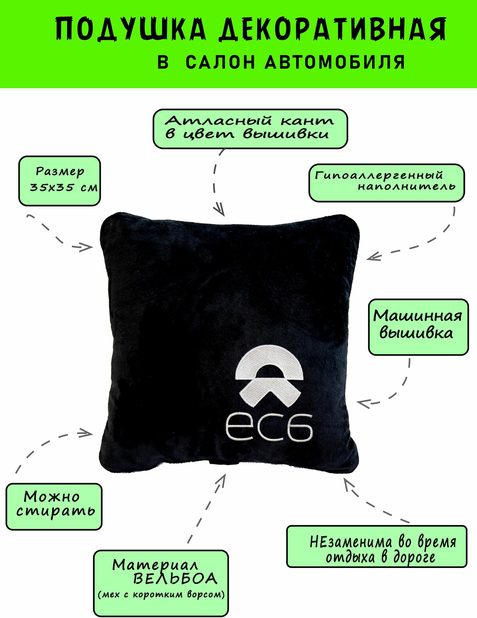 Подушка квадратная в машину декоративная черная с логотипом NIO EC6, кант белый