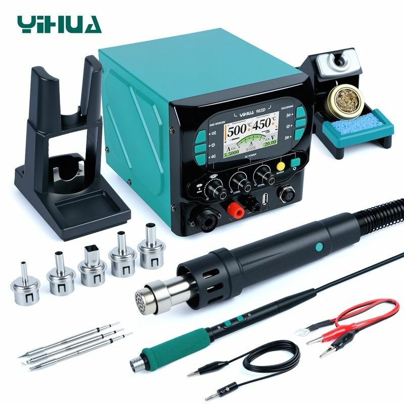 Паяльная станция Yihua 983D, паяльник C245 (3 жала), термофен 1100Вт, ЛБП 20В 3.5А