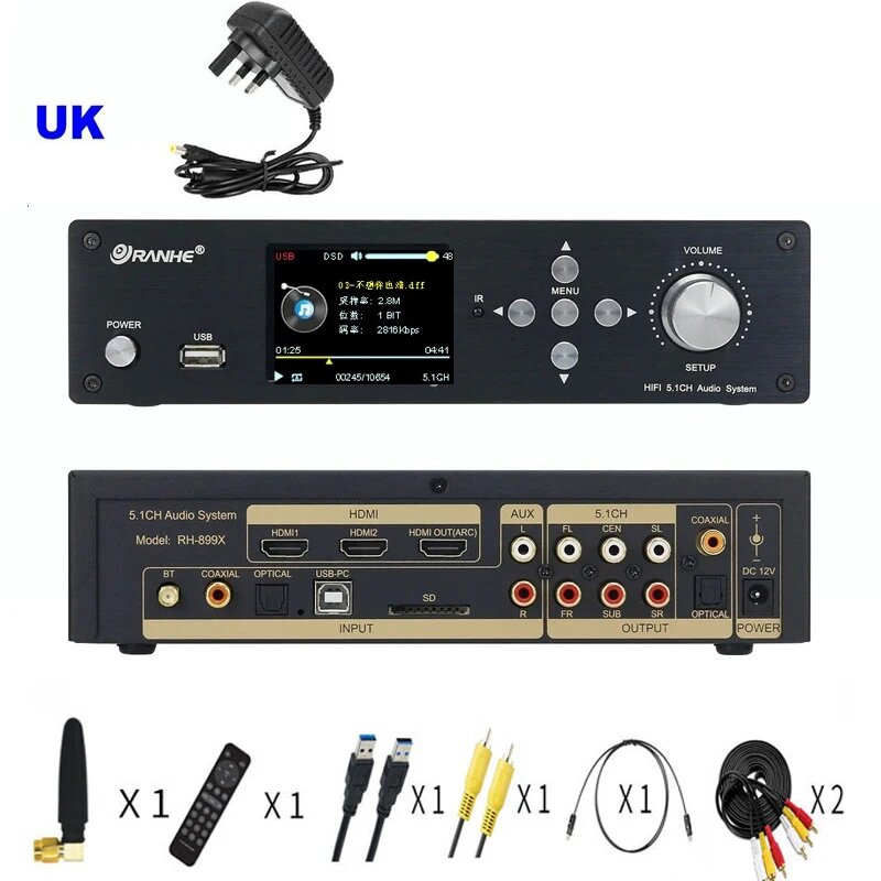 Декодер DTS 5.1, цифро-аналоговый аудиоконвертер, переключатель HDMI2.0, SPDIF, коаксиальный Bluetooth5.0, ARC, вход привода PC-USB CS4354 UK plug