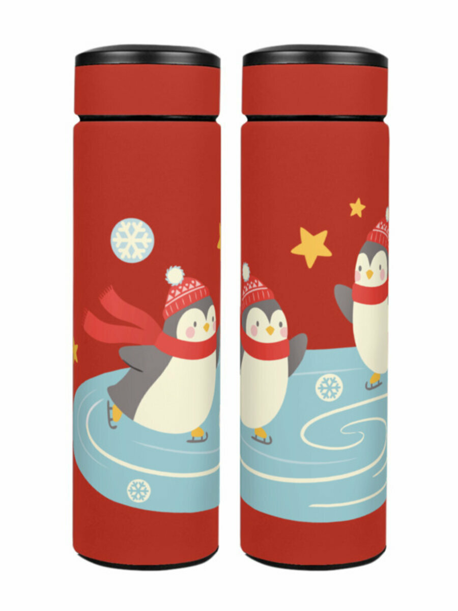 Термос «Пингвины на катке» (красный)
