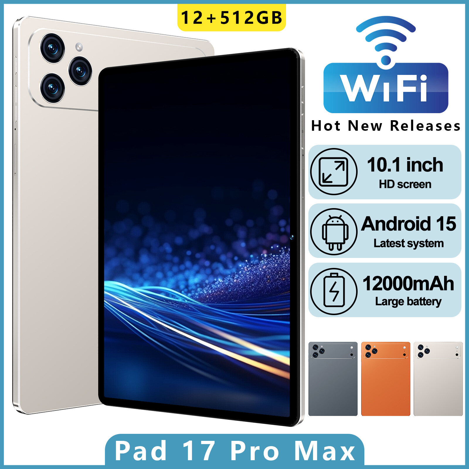 Pad 17 ProMax новый Android-планшет с сенсорным экраном 10,1 дюйма, 12/512 ГБ, Android 15